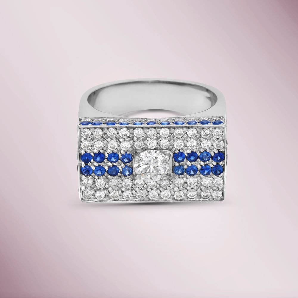 Ready to Ship Diamond & Blue Sapphire Pavé Rectangular Shape Ring